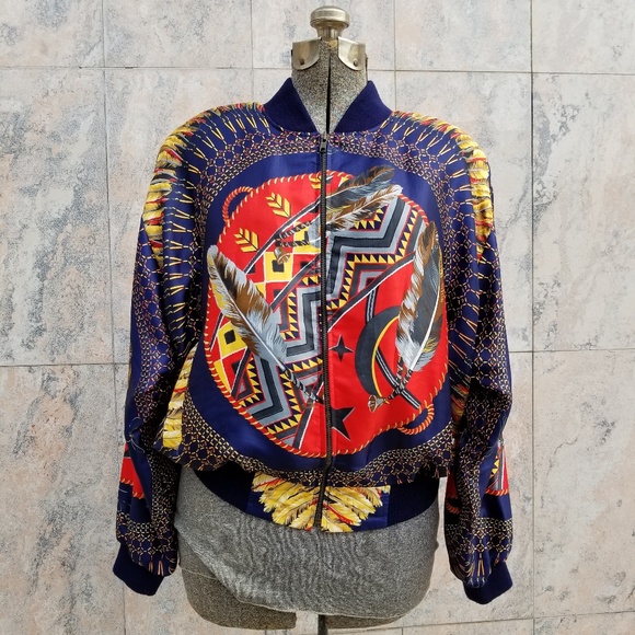 chardin | Jackets & Coats | Vintage Feather Print Bomber Jacket Bold ...